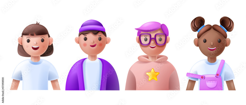3D kid avatar set, vector child face icon, young school teen boy girl ...