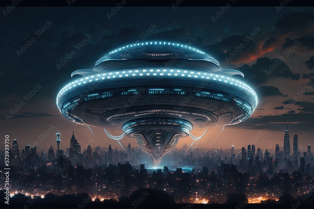 Giant alien ship over city, night landscape. Generative AI Stock ...