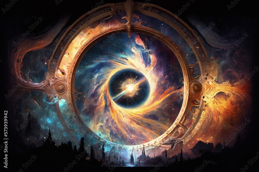 Dimensional portal in the middle of space, wormhole, incredible colors ...