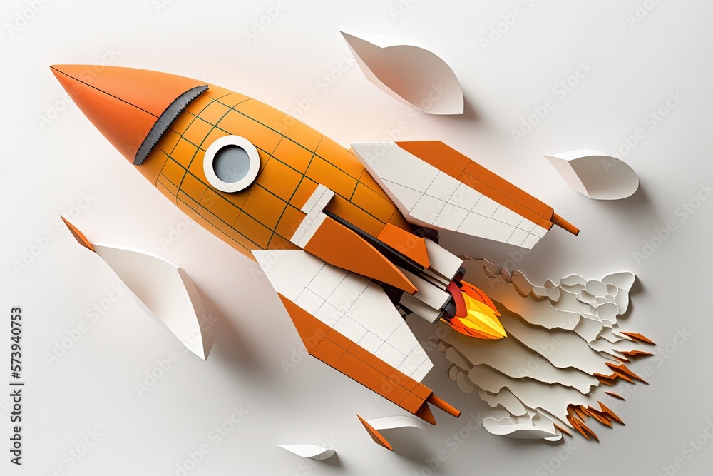 Rocket made from paper cutout, startup concept, white background ...