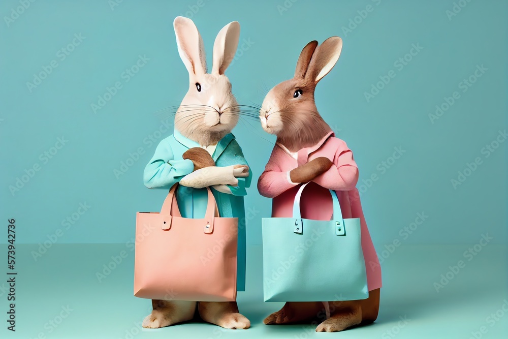 Cute little Easter rabbits in fashion pastel clothes having. posing ...