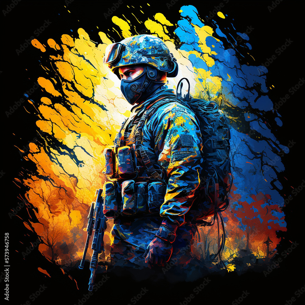 Ukrainian soldier against the background of ruins and fire on a yellow ...