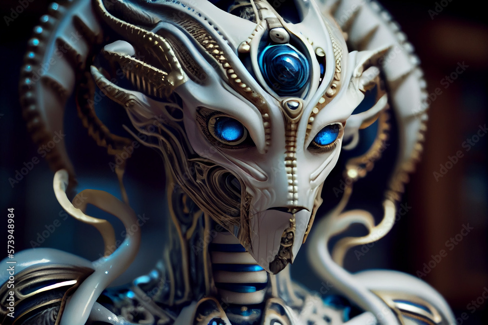 Coatl close up portrait photo of incomplete humanoid android, covered ...