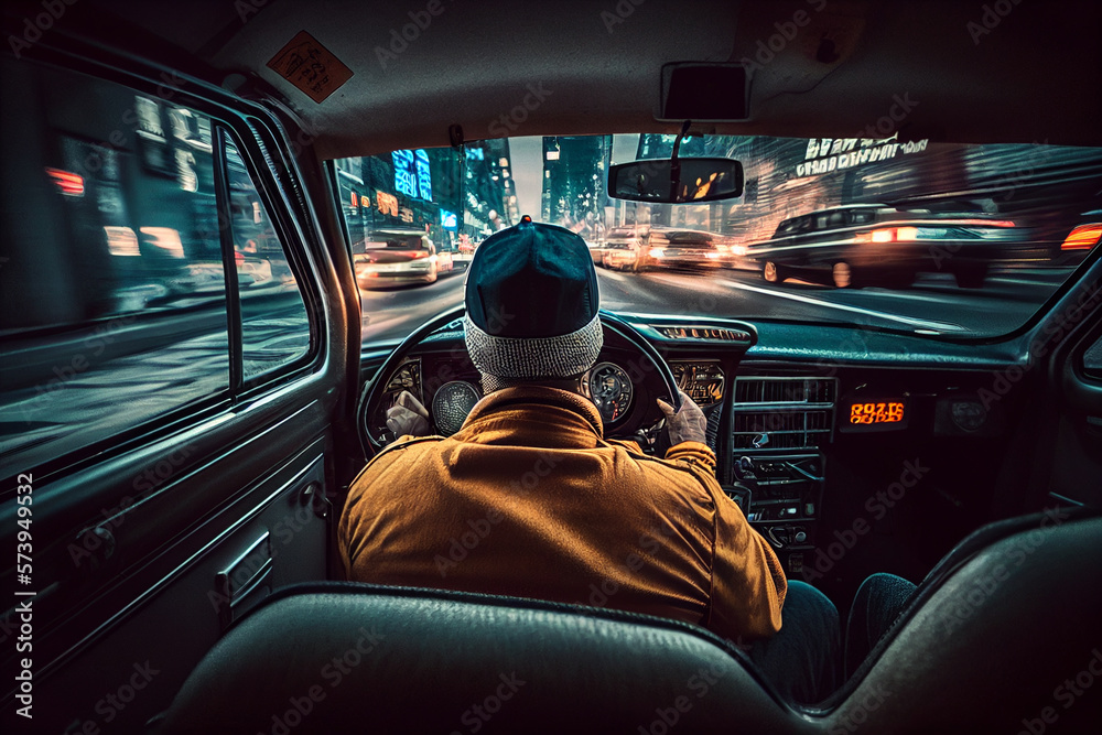 Taxi Man driving a car, personal driver, business taxi, back view ...