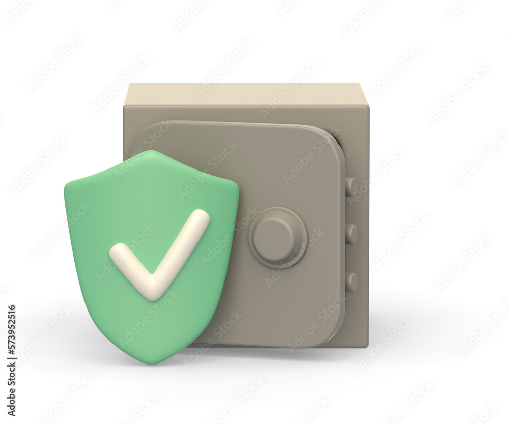 Realistic 3d icon of vault or safe box and shield protection symbol ...