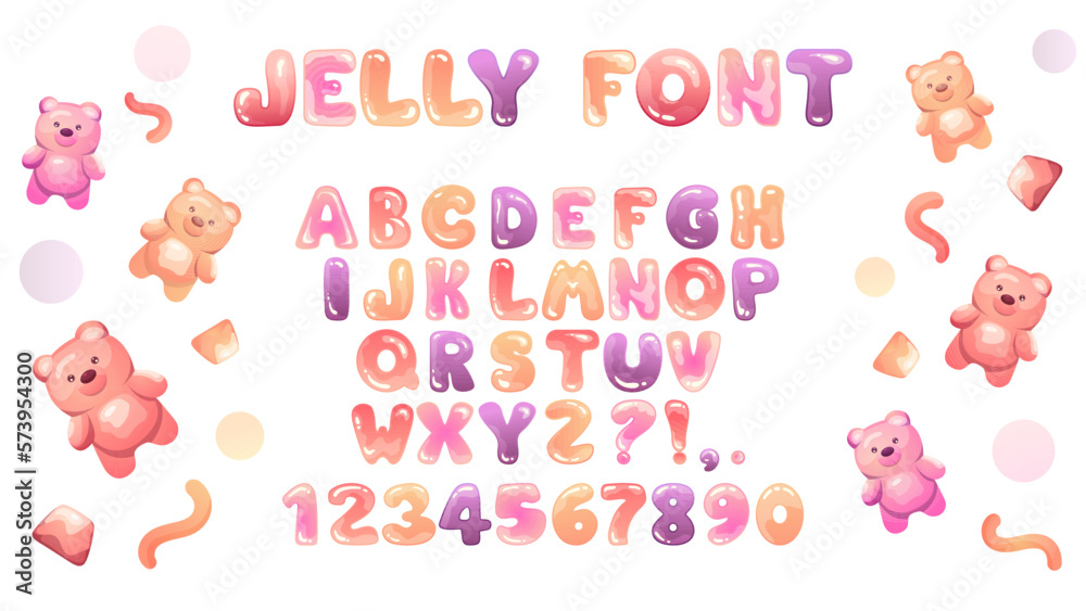 Jelly alphabet with cute сolorful bears, worms, marmalade, letters, signs and numbers. Jelly ...