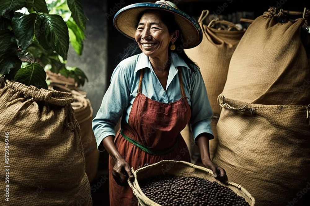 Mujer colombiana recolectando granos de café en una plantación ...