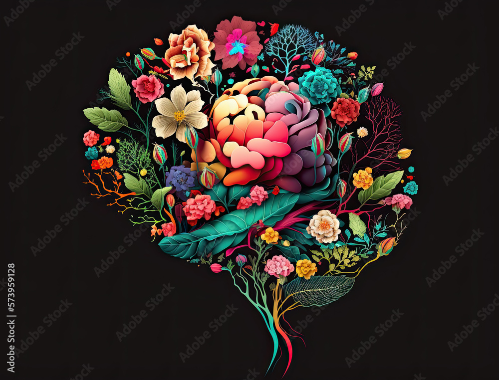Human brain made out of flowers created using generative AI tools Stock ...