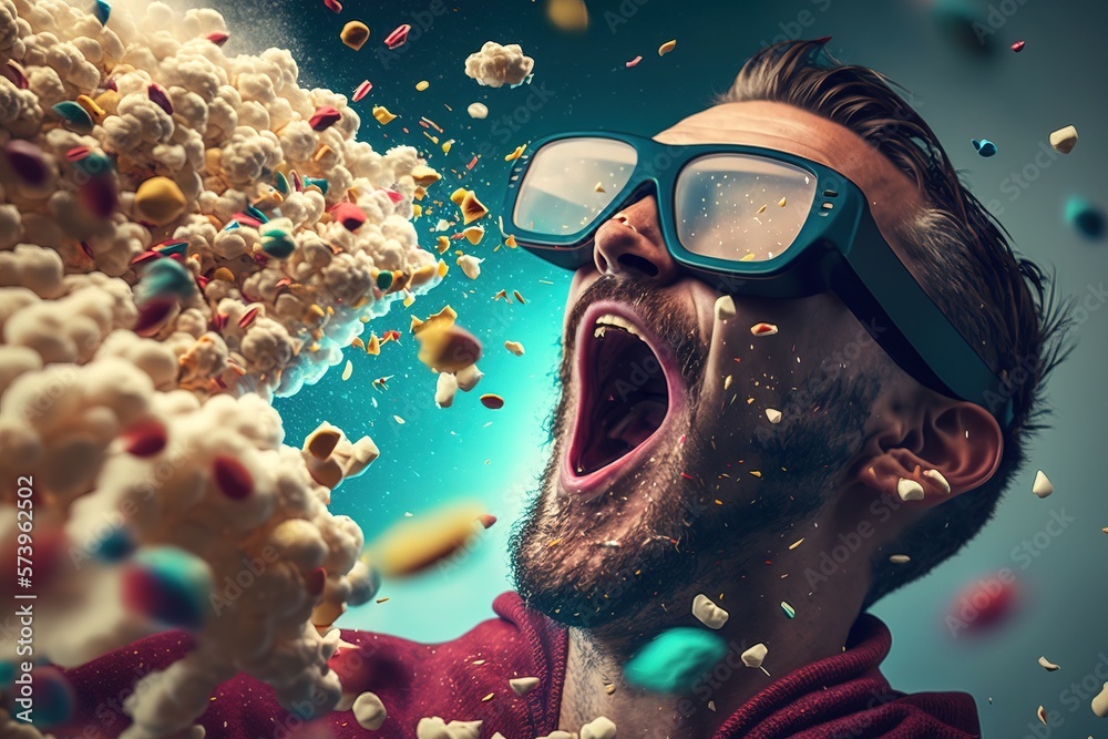 A man with glasses is screaming at a popcorn explosion with confetti ...