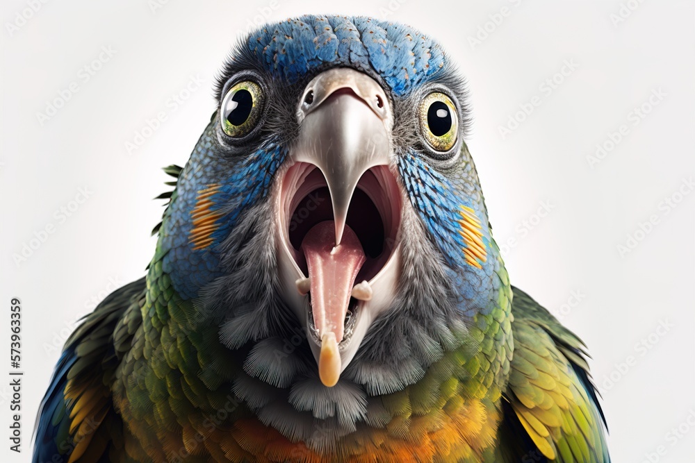 A colorful bird with its mouth open and it's mouth wide open with its ...