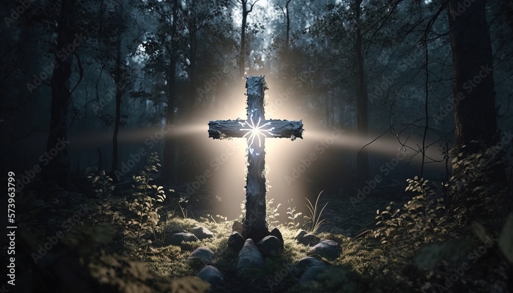 A cross in the middle of a forest with a light shining through it's ...