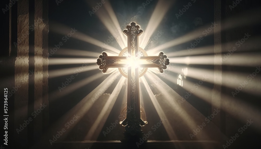A cross with a light shining through it in a dark room with a window ...
