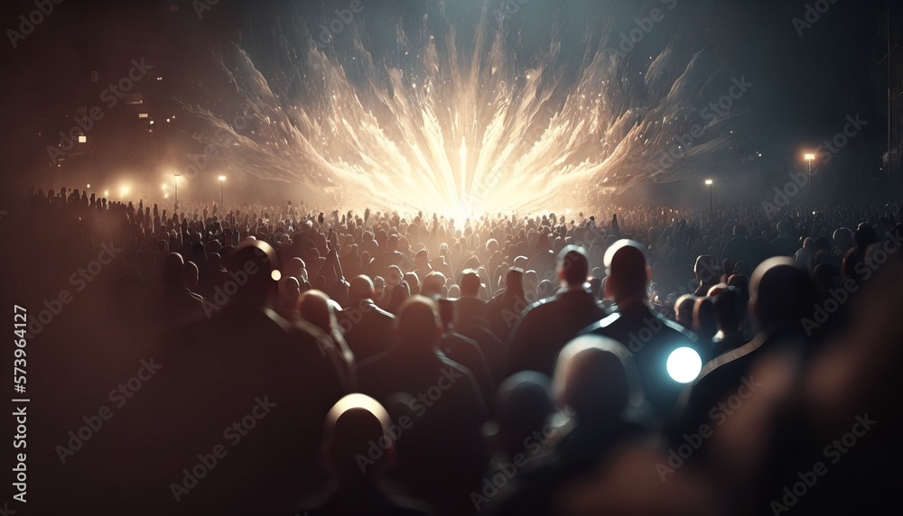 A crowd of people watching a fireworks show in the dark night sky with ...