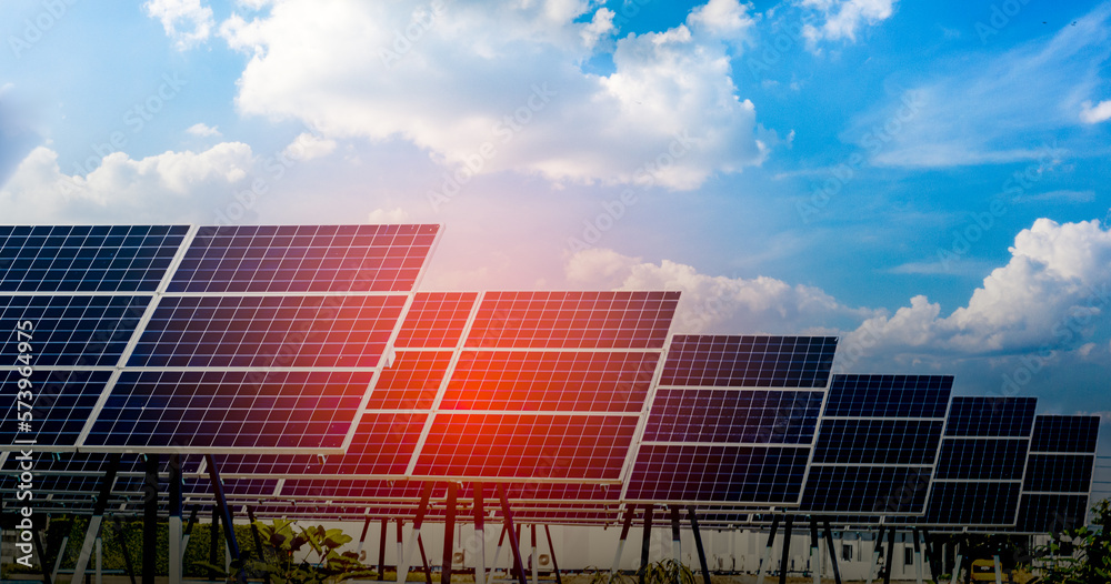 Blue solar panels on sky background. Solar power plant. Solar farm ...