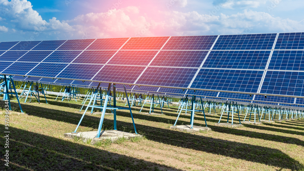 Blue solar panels on sky background. Solar power plant. Solar farm ...