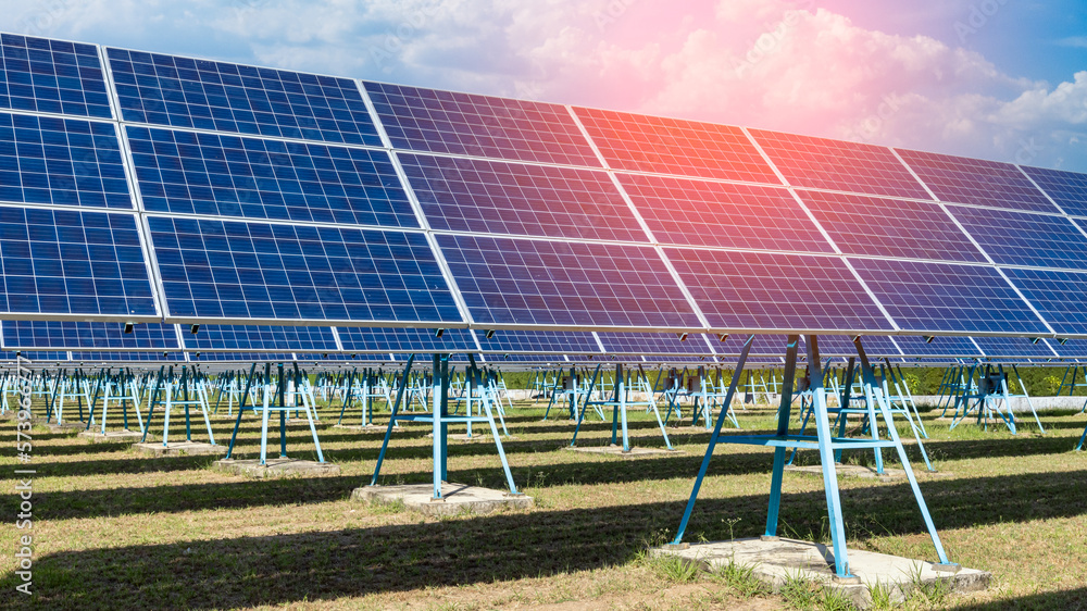 Blue solar panels on sky background. Solar power plant. Solar farm ...