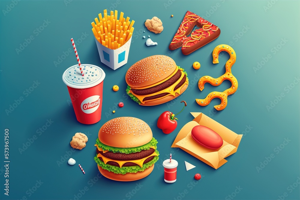 A hamburger fries soda and a soda are depicted in this illustration of ...