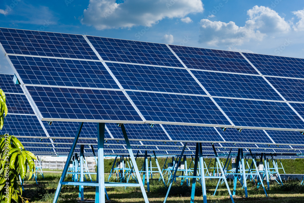 Blue solar panels on sky background. Solar power plant. Solar farm ...