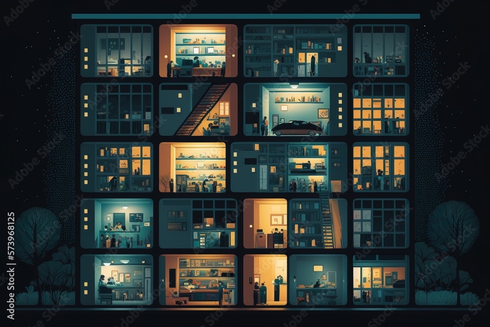 A large building with many windows and lights inside of it at night ...