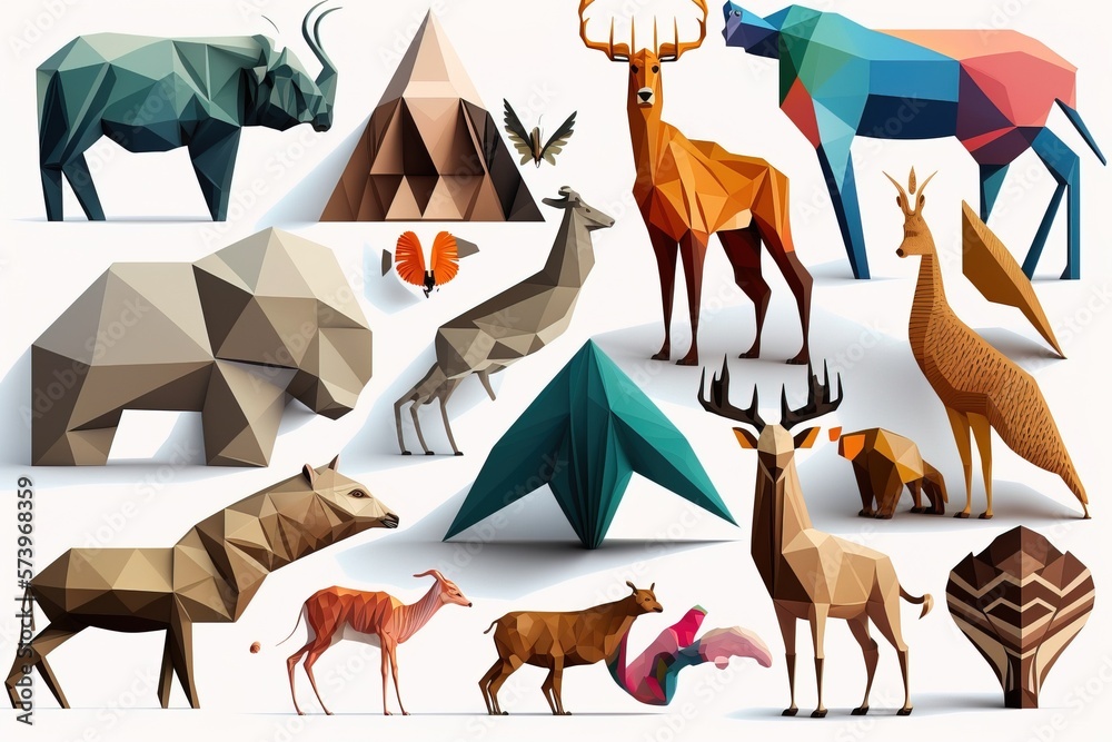 A group of different animals standing next to each other on a white ...