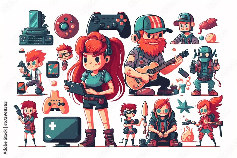 A girl playing a guitar and other people playing video games and ...