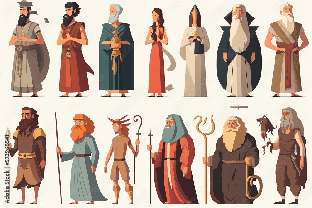 A set of different types of people dressed in medieval clothing and ...