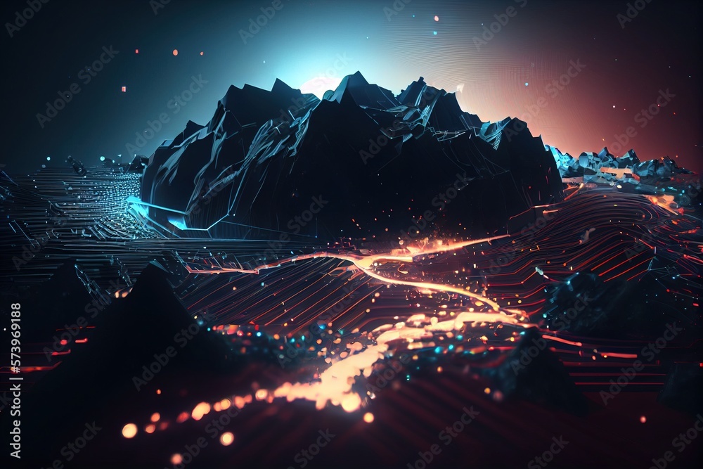 A computer generated image of a mountain range with a stream of light ...