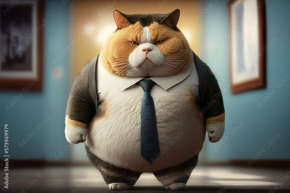 A fat cat in a suit and tie standing in a room with a blue wall ...