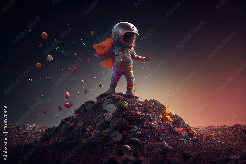 A man in a space suit standing on a pile of rocks with a cape on ...