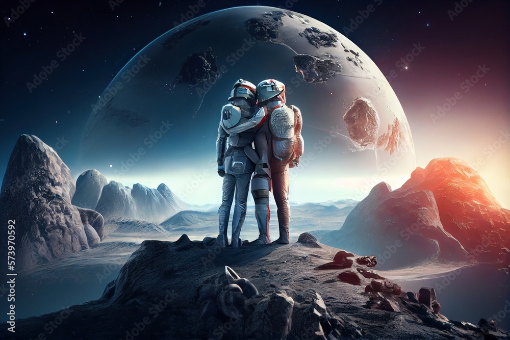 Two astronauts standing on a rocky surface in front of a planet with ...