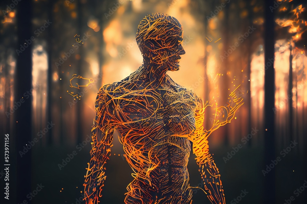 A human body with a string wrapped around it in a forest with trees and ...