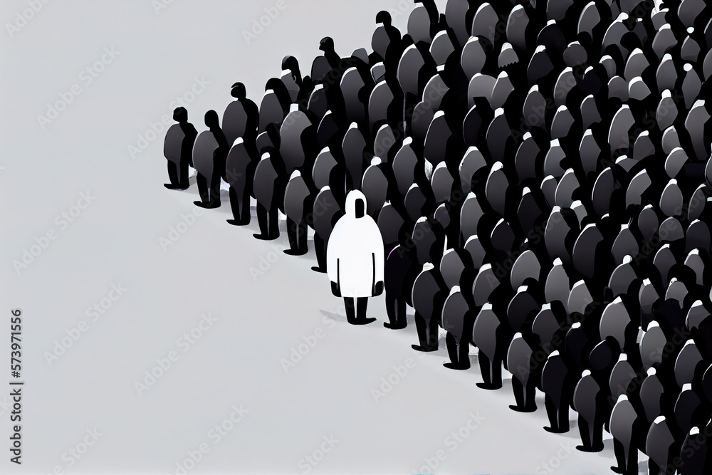 A large group of people standing in a row with one person standing out ...