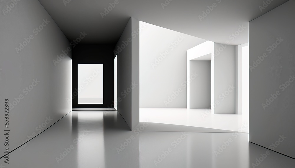A white room with a black door and a white wall and floor with a light ...