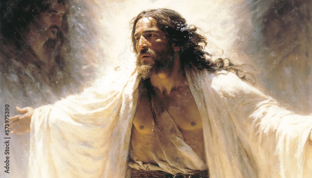 A painting of jesus with his arms outstretched and his hands out to the ...