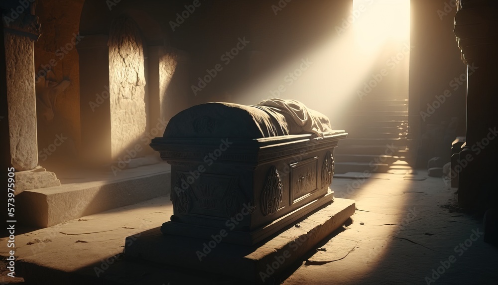 A casket sitting in a dimly lit room with a light coming through the ...