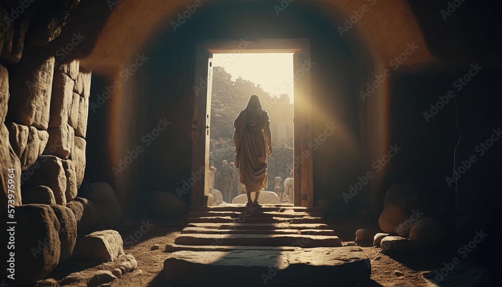A person standing in a tunnel with the sun shining through the doorways ...