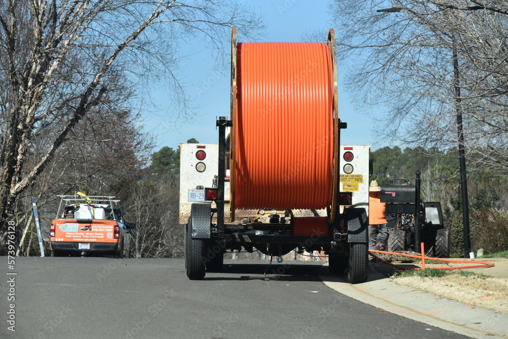 Utility equipment in a residential neighborhood in preparation of fiber ...
