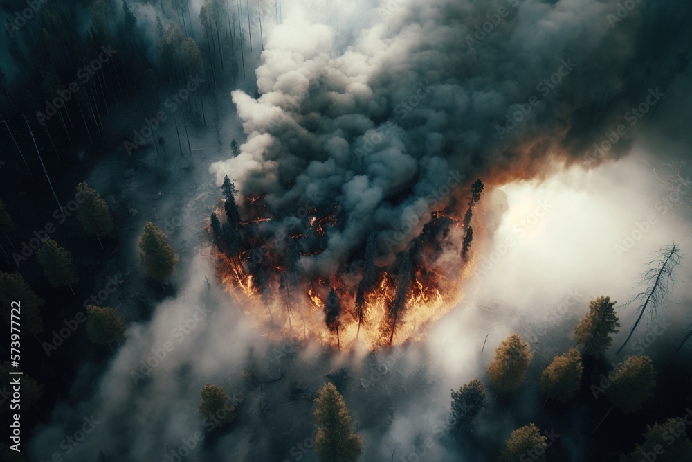 A large fire is burning in the middle of a forest with trees and smoke ...