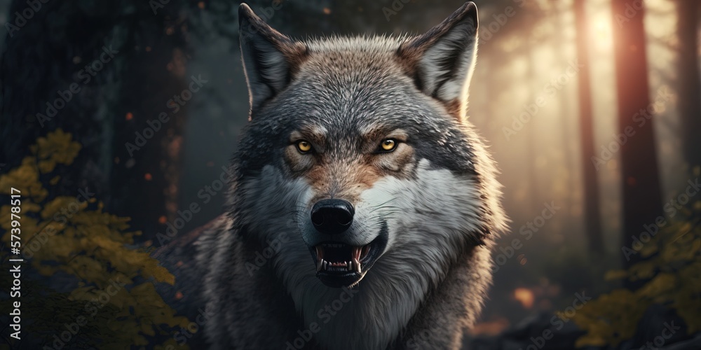 A wolf with a snarling face in a forest with trees and leaves in the ...