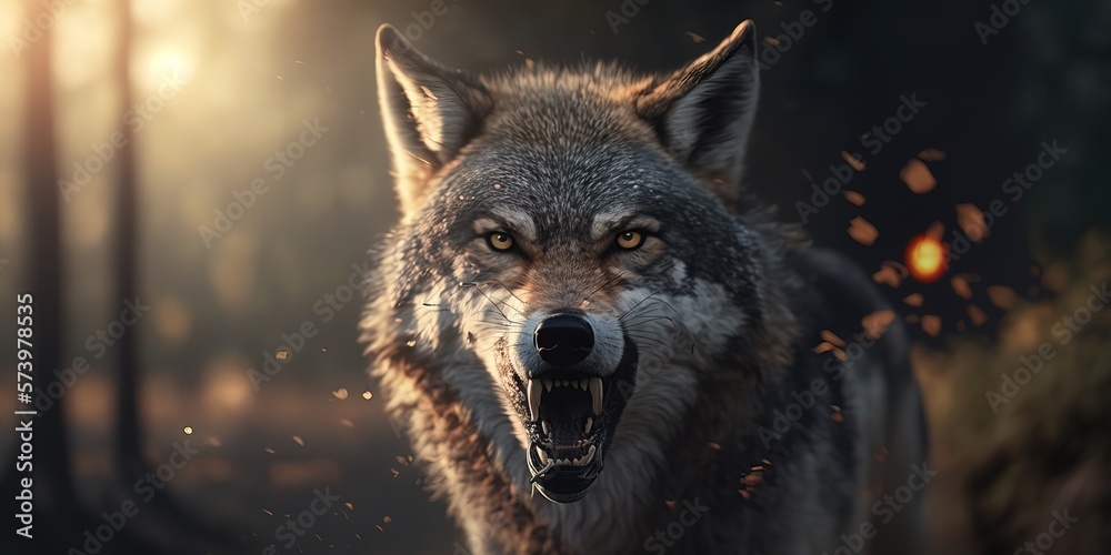 A wolf with its mouth open and it's mouth wide open with the sun ...