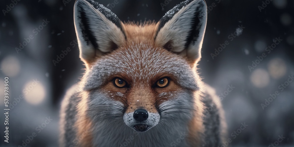 A fox with a snow covered face and a blurry background is shown in this ...