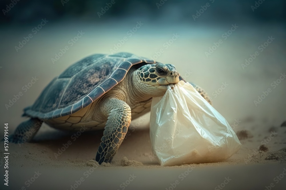 Turtle with a plastic bag in its mouth on the sand. Metaphor on the ...