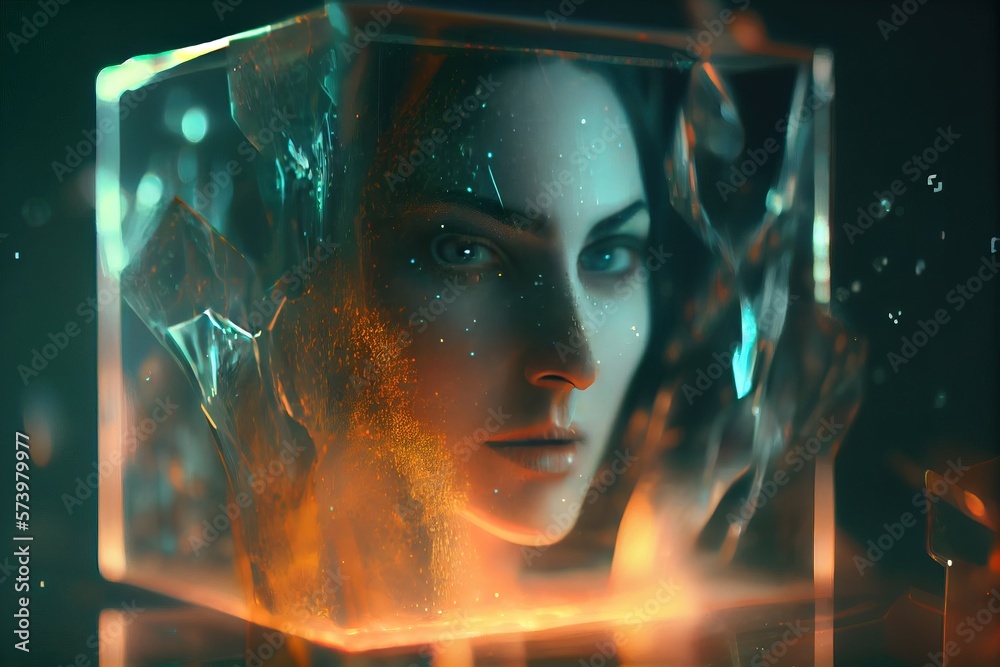 A woman with blue eyes is looking into a glass cube with fire in it and ...