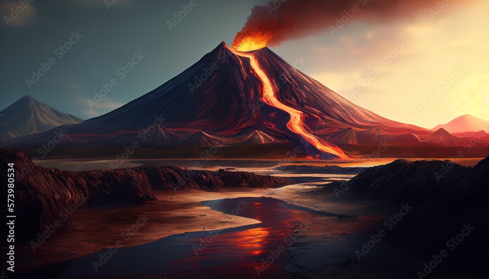 A volcano with a stream of water running through it and a fire coming ...