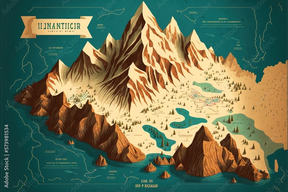 A map of a mountain range with a lake and mountains in the background ...