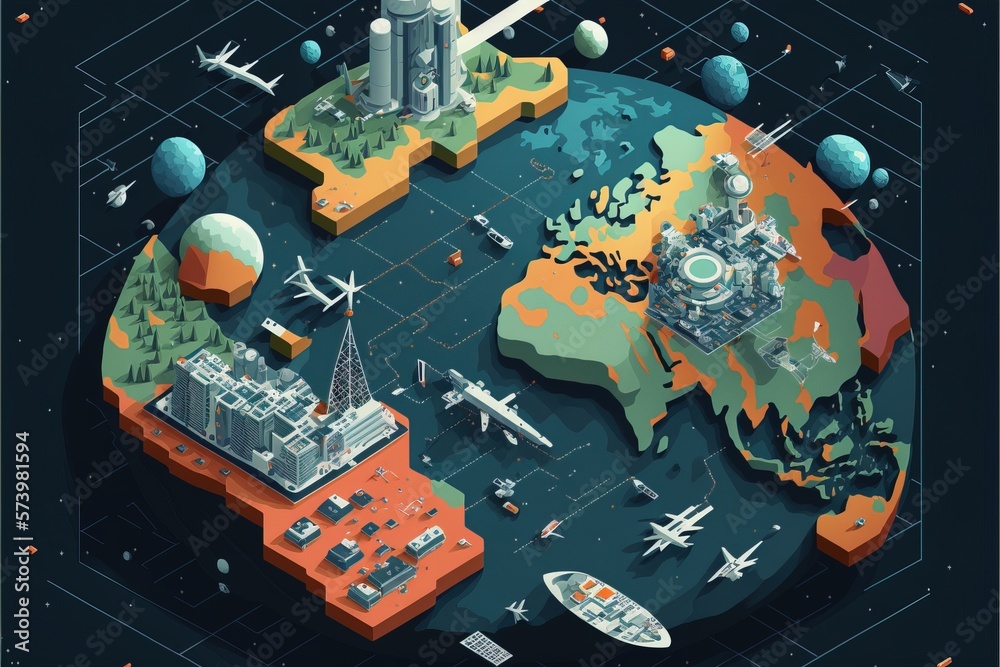 A stylized illustration of a space station and other objects in a flat ...