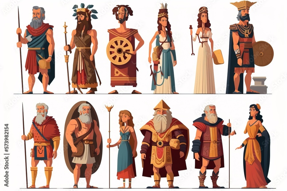 A Set Of Ancient Greek And Roman Characters In Different Poses And Costumes With Weapons And