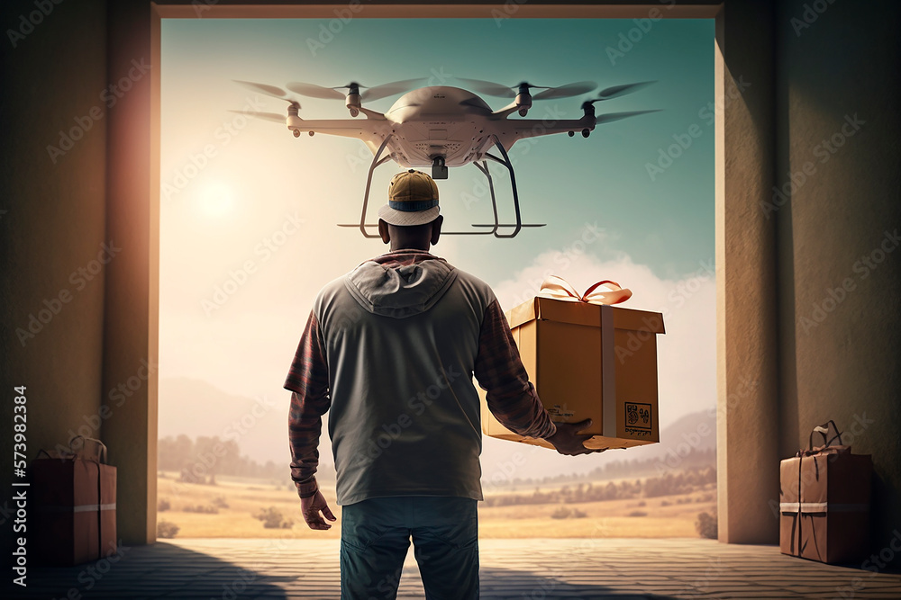 Generative Ai Illustration Of Drone Delivering Package Drone Flying