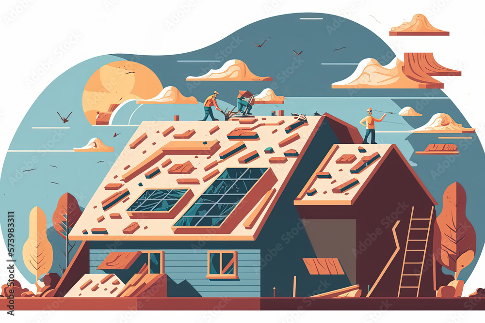 Workers install solar panels on the rooftop of a house. Building under ...