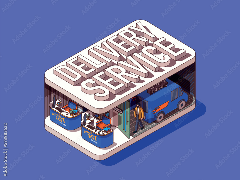 Delivery service concept in 3d isometric graphic design. Post office ...